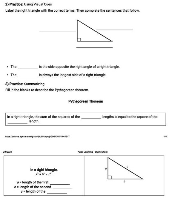 SOLVED:2) Practice: Using Visual Cues Label the right triangle with the ...