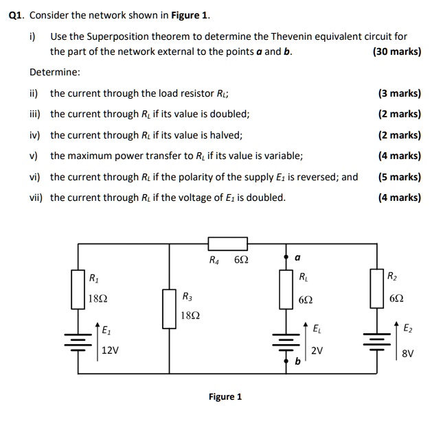 Q1. Consider the network shown in Figure 1. i) Use the Superposition theorem to determine the ...
