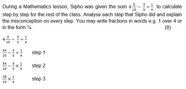 During a Mathematics lesson, Sipho was given the sum 4 (3)/(10)-(3)/(5)÷(1)/(4) to calculate ...