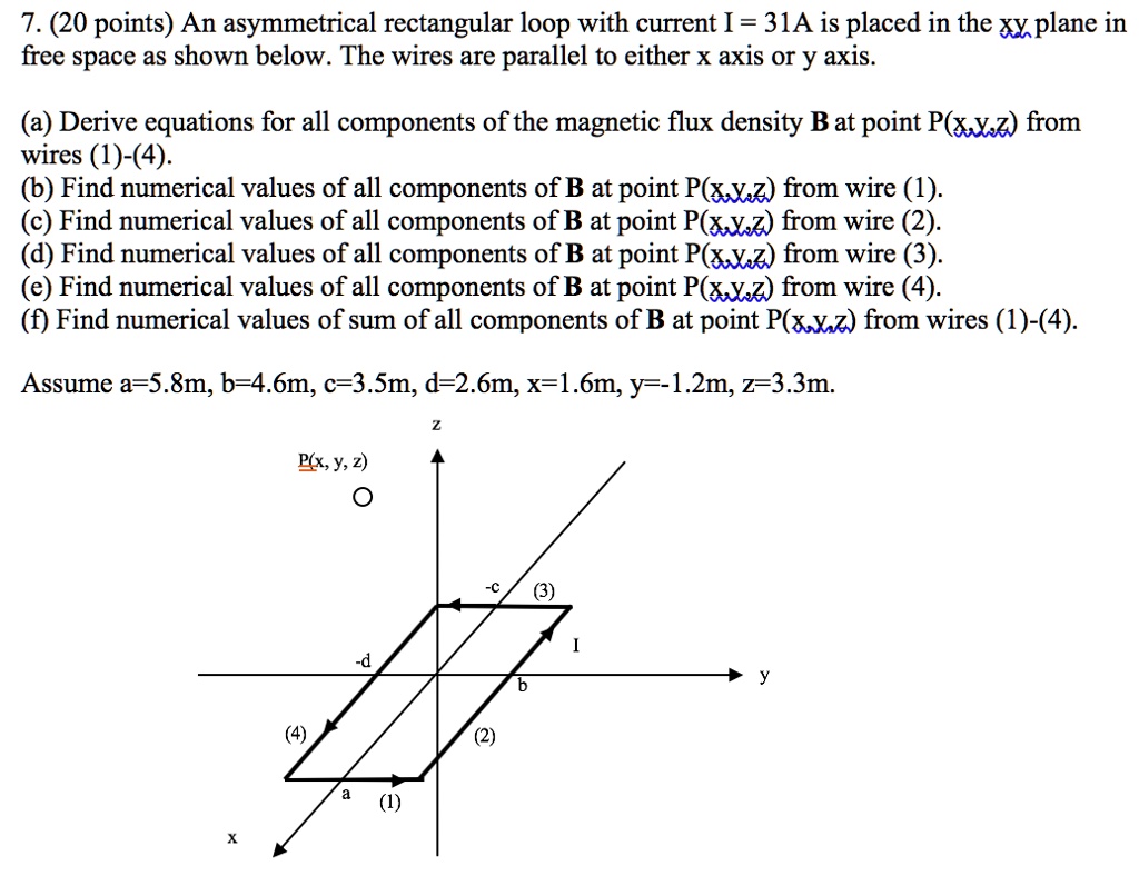 SOLVED: 7. (20 points) An asymmetrical rectangular loop with current I = 31A is placed in the xy ...