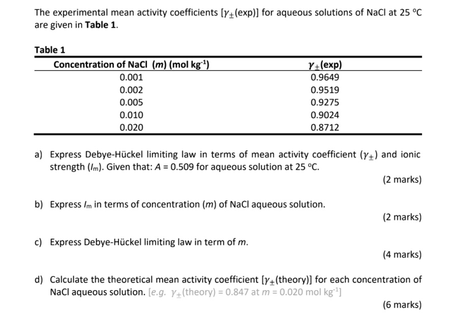 SOLVED: The experimental mean activity coefficients [Y+ (exp)] for ...