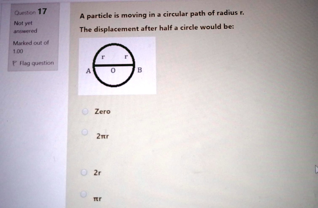 SOLVED: A particle is moving in a circular path of radius r. The displacement after half a ...