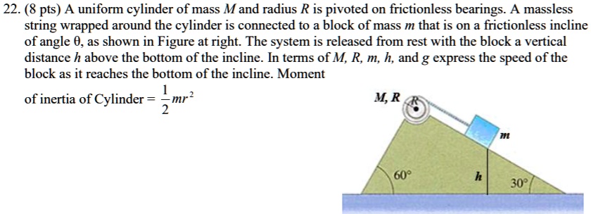 SOLVED: A uniform cylinder of mass M and radius R is pivoted on frictionless bearings. A ...