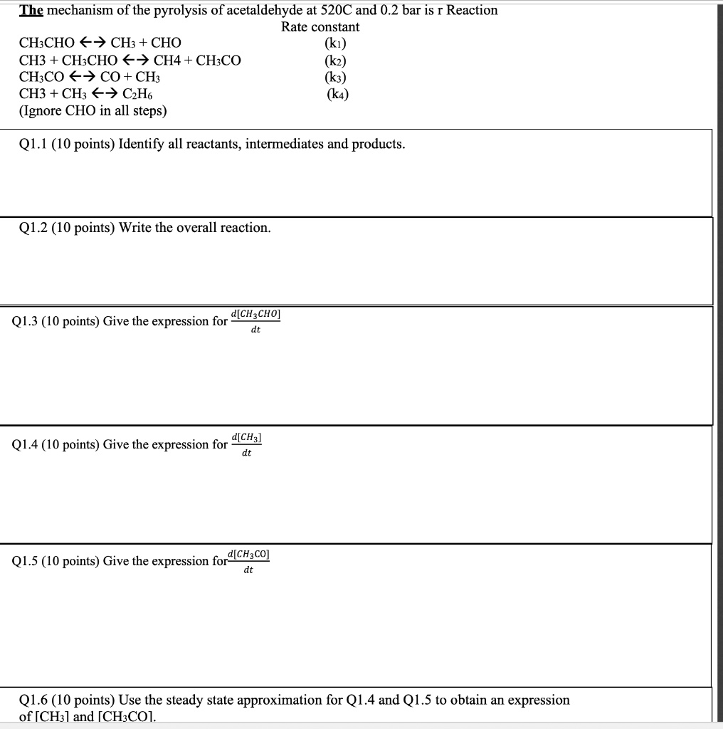 SOLVED: The mechanism of the pyrolysis of acetaldehyde at 520Â°C and 0. ...