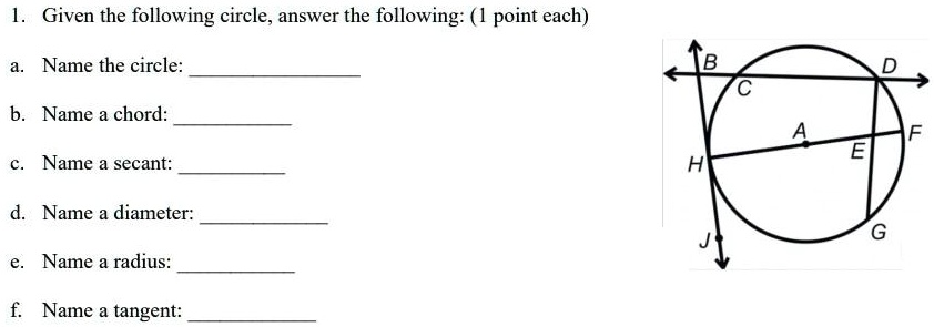 given the following circle answer the following 1 point each name the circle name a chord name ...