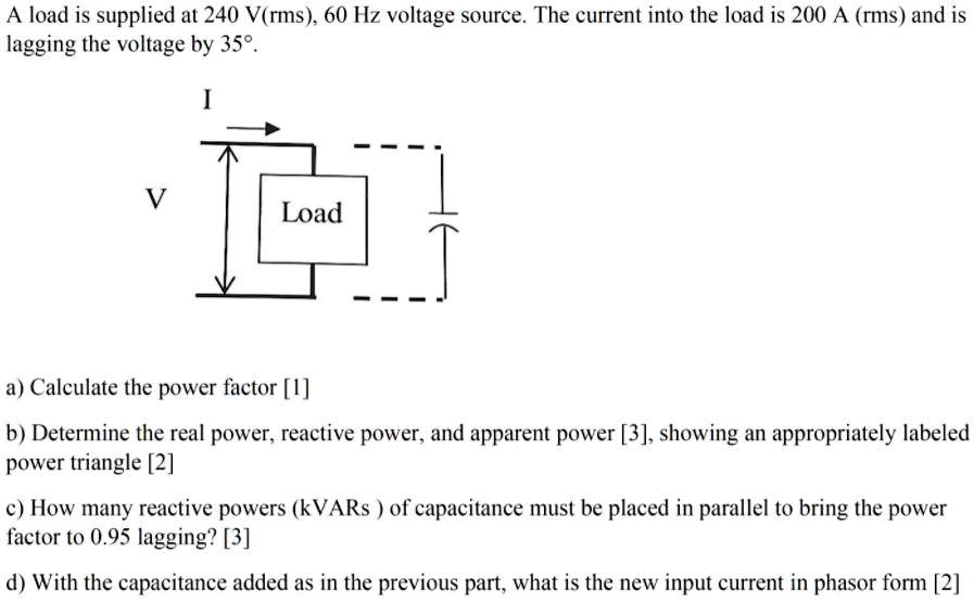 A load is supplied at 240 V(rms), 60 Hz voltage source. The current ...