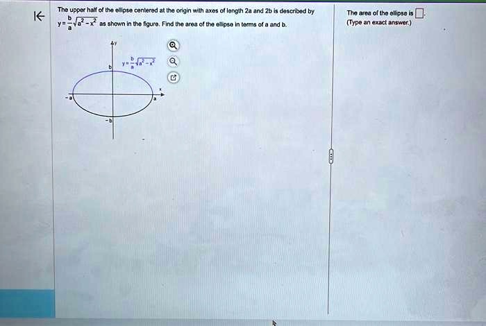 SOLVED: Texts: The upper half of the ellipse centered at the origin with axes of length 2a and ...