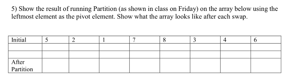 5) Show the result of running Partition (as shown in class on Friday) on the array below using ...