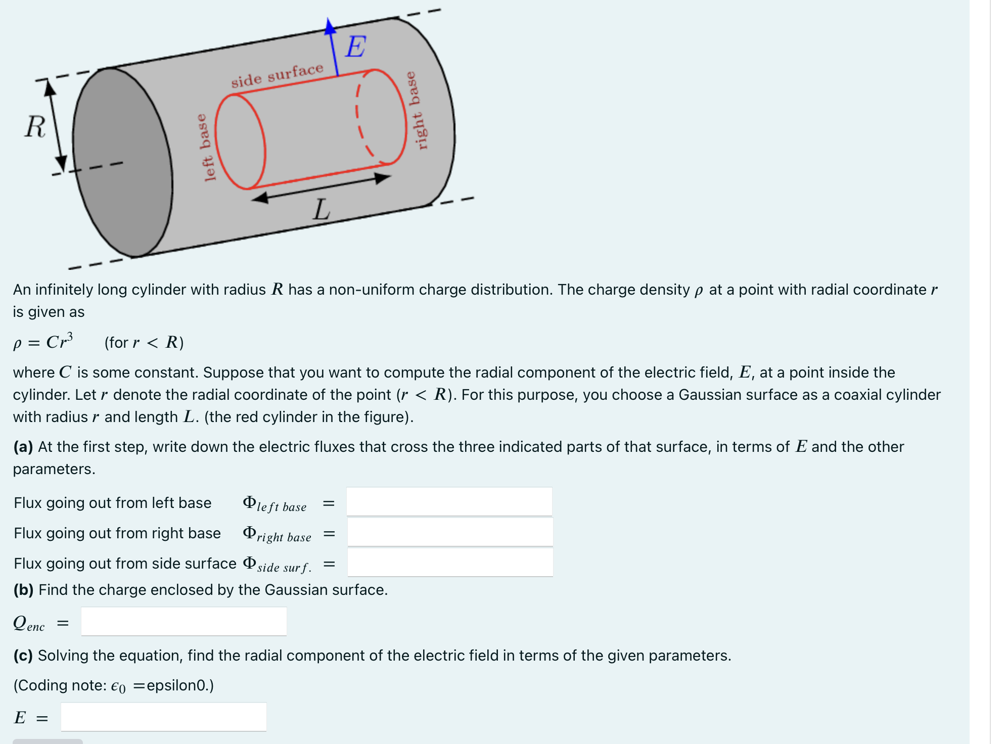 an infinitely long cylinder with radius r has a non uniform charge ...