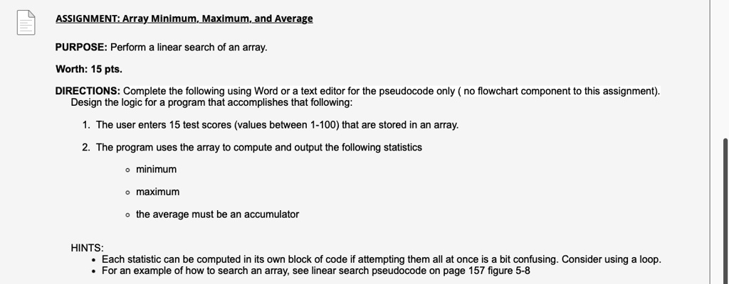 Solved Texts Assignment Array Minimum Maximum And Average Purpose Perform A Linear Search