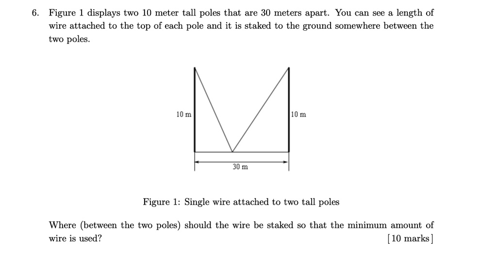 SOLVED: Figure 1 displays two 10 meter tall poles that are 30 meters ...