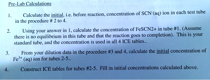 pre lab calculations concentration of scn aq ion in each test tube ...