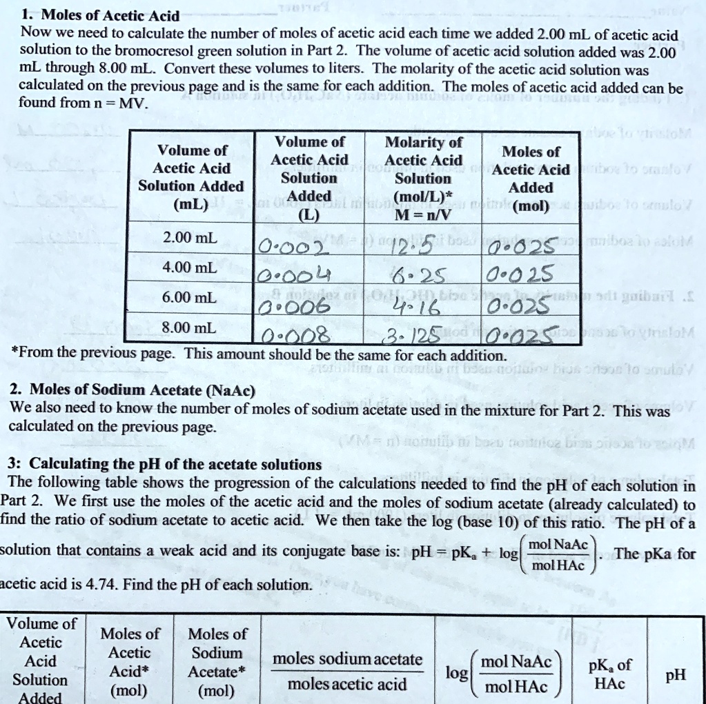 Plzzz Help This Chemistry 12 Lab 1 Moles Of Acetic Acid Now We Need To Calculate The Number Of