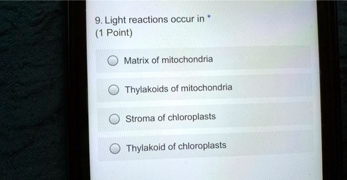 SOLVED: 9. Light reactions occur in Point) Matrix of mitochondria ...