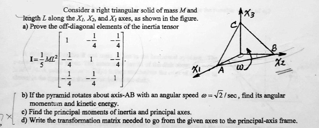 Consider a right triangular solid of mass M and length L along the X1, X2, and X3 axes, as shown ...
