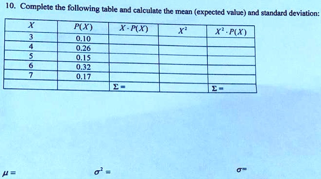10 complete the following table and calculate the mean expected value and standard deviation px ...