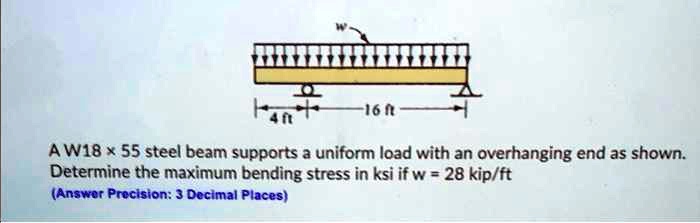 A W18 x 55 steel beam supports a uniform load with an overhanging end as shown. Determine the ...