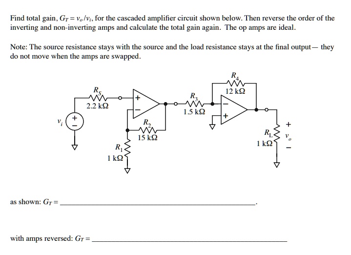 SOLVED: Find total gain, Gr = v2/v1, for the cascaded amplifier circuit shown below. Then ...