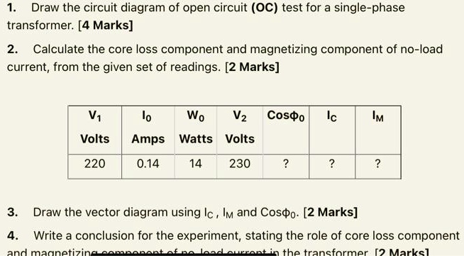 1. Draw the circuit diagram of open circuit (OC) test for a...