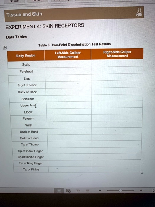 SOLVED: Tissue and Skin EXPERIMENT 4: SKIN RECEPTORS Data Tables Table ...