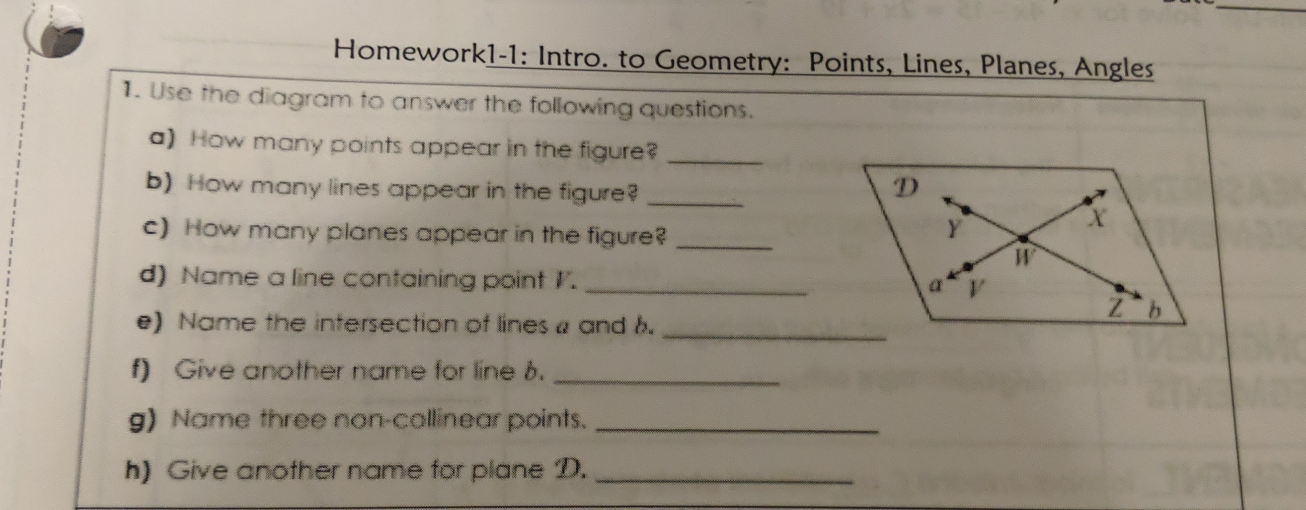 SOLVED: Homework1-1: Intro. to Geometry: Points, Lines, Planes, Angles 1. Use the diagram to ...
