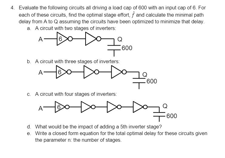 SOLVED: 4. Evaluate the following circuits, all driving a load cap of 600 with an input cap of 6 ...