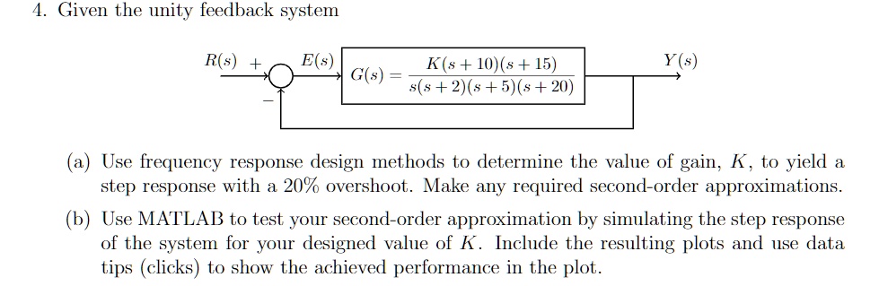 SOLVED: Given the unity feedback system: R(s) E(s) G(s) K(s + 10)(s + 15) / (s^2 + 2s + 5s + 20 ...