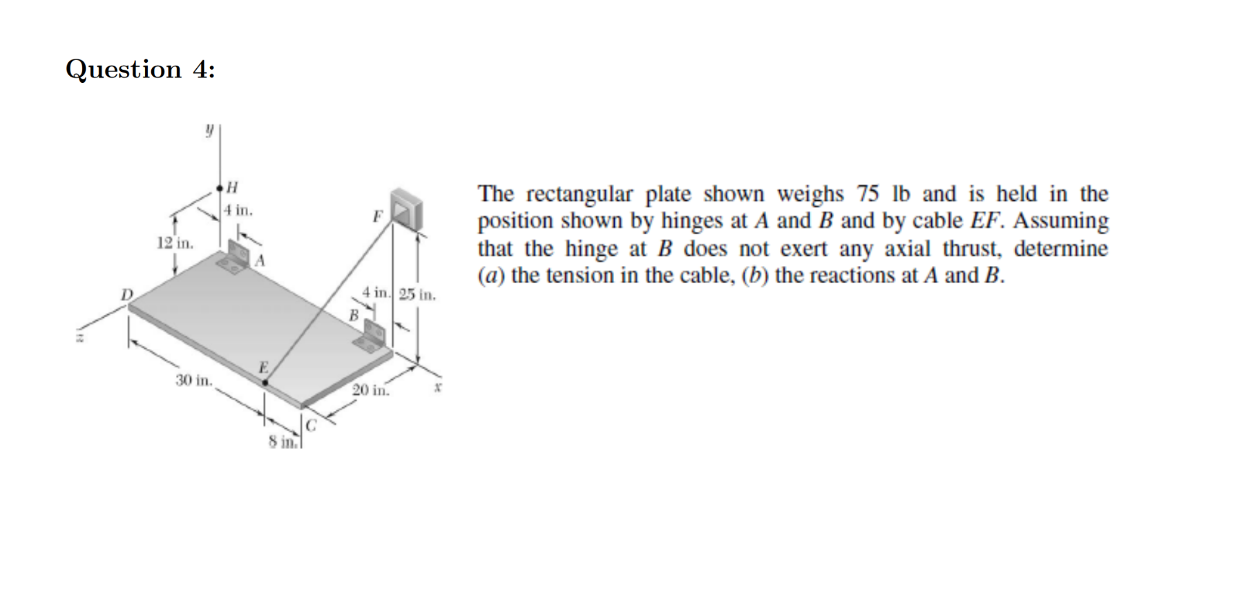 question 4 the rectangular plate shown weighs 75 lb and is held in the ...