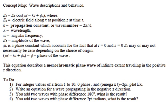 Concept Map: Wave descriptions and behavior. Ex = E0 cos(ω t - kz + ϕ0 ...