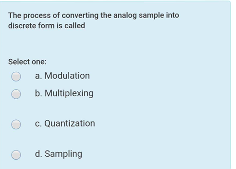 The process of converting the analog sample into discrete form is called Select one: a ...