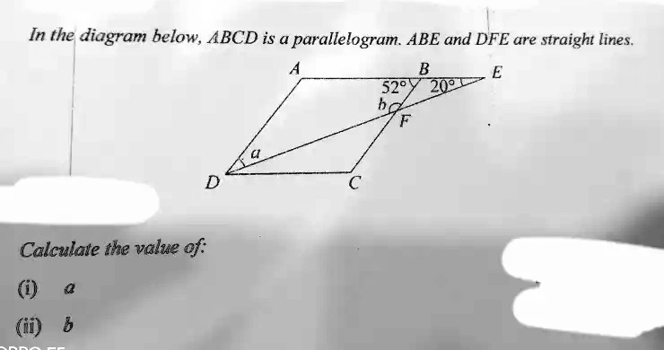 SOLVED: In the diagram below, ABCD is a parallelogram. ABE and DFE are straight lines: Calculate ...