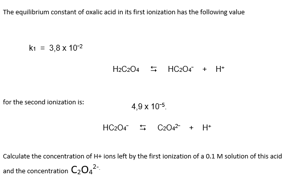The equilibrium constant of oxalic acid in its first ionization has the ...