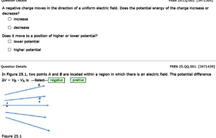 A negative charge moves in the direction of a uniform electric field ...