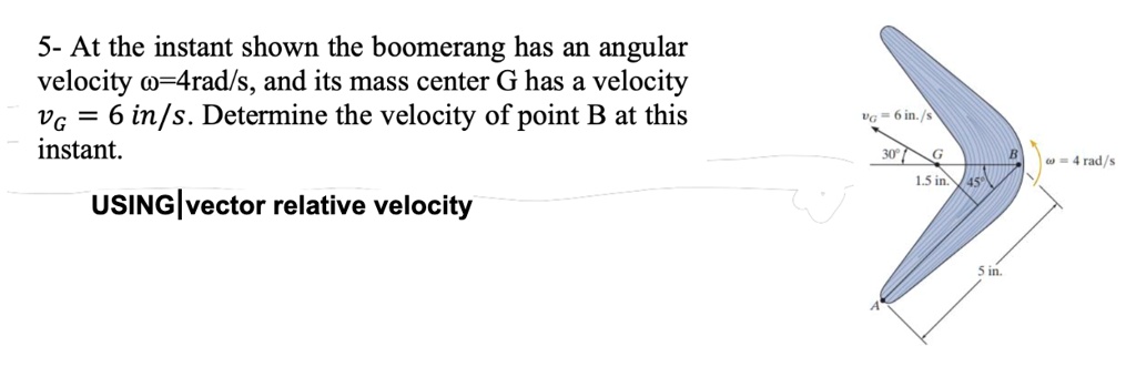 5 at the instant shown the boomerang has an angular velocity omega4rads and its mass center g ...