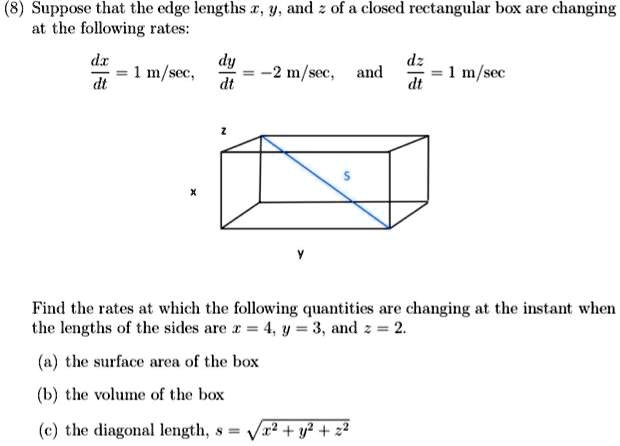 SOLVED: Suppose that the edge lengths x, y, and z of a closed rectangular box are changing at ...