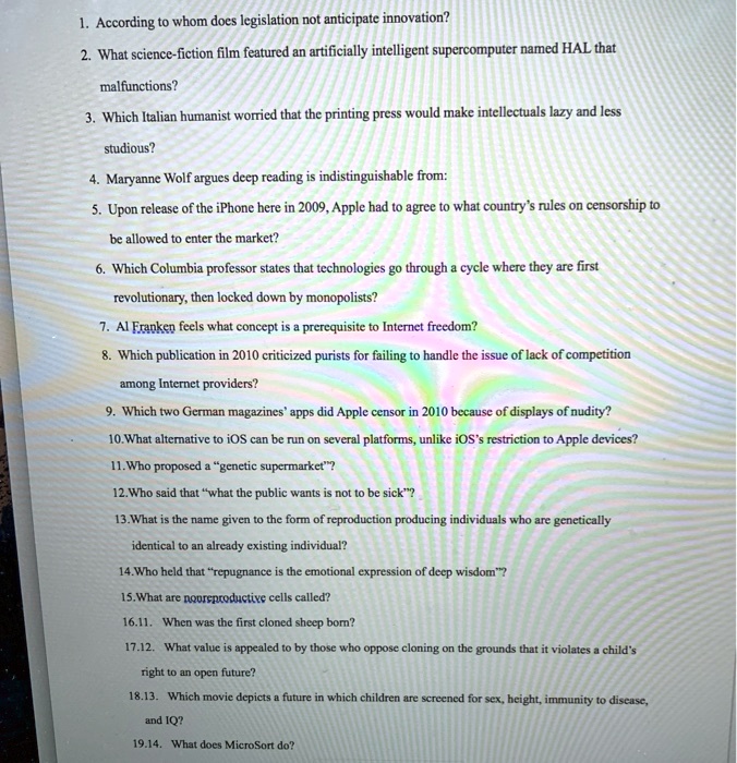 SOLVED: 1. According to whom does legislation not anticipate innovation ...