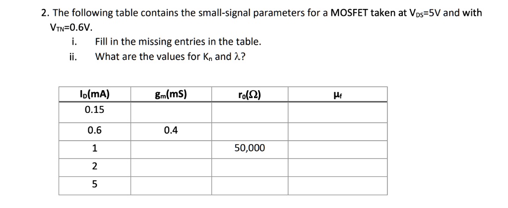 SOLVED: The following table contains the small-signal parameters for a MOSFET taken at Vps=5V ...