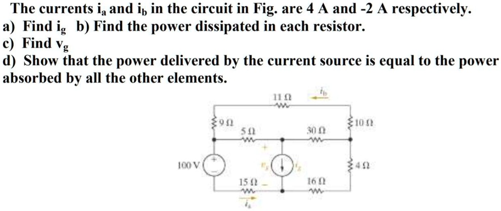 The currents ia and ib in the circuit in Fig. are 4 A and -2 A respectively. a) Find ig b) Find ...