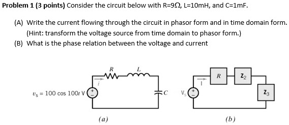 SOLVED: Problem 1 (3 points) Consider the circuit below with R = 9, L = 10 mH, and C = 1 mF. A ...