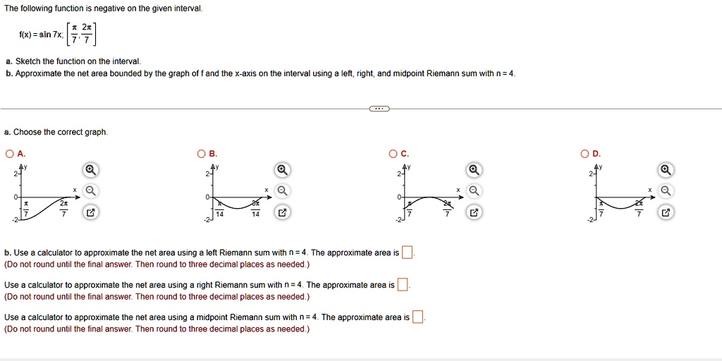 The following function is negative on the given interval. f(x)=in 7x ...