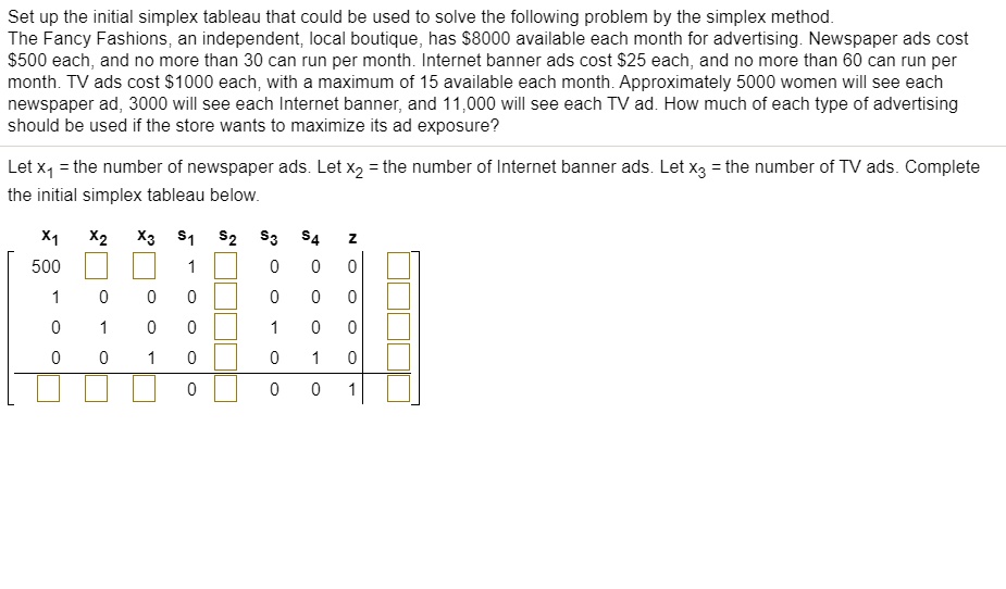 set up the initial simplex tableau that could be used to solve the ...