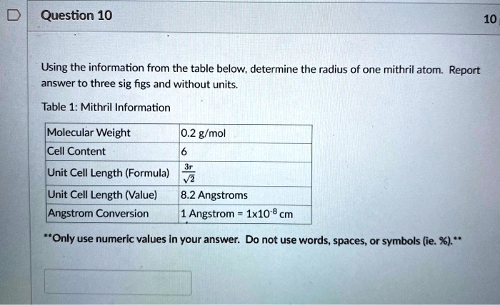 SOLVED: Question 10 Using the information from the table below ...