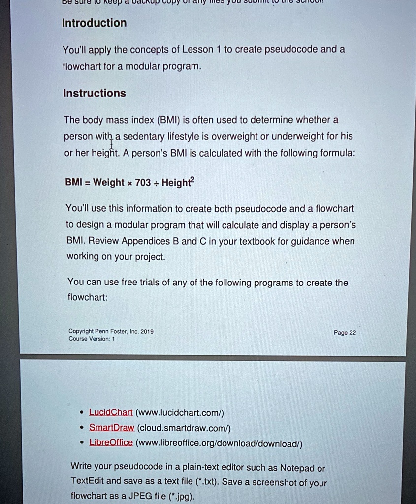 Create Pseudocode And A Flowchart For A Modular Program Instructions The Body Mass Index Bmi