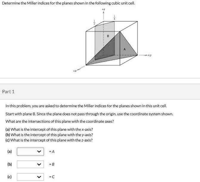 SOLVED: Determine the Miller indices for the planes shown in the following cubic unit cell. Part ...