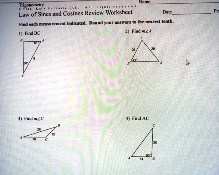 Law Of Cosines Worksheet