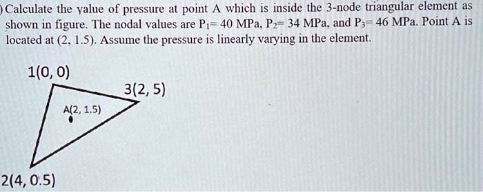 Calculate the value of pressure at point A, which is inside the 3-node triangular element as ...