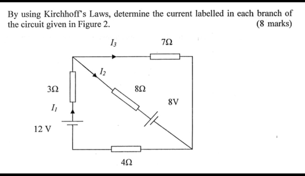 SOLVED: By using Kirchhoff's Laws, determine the current labeled in each branch of the circuit ...