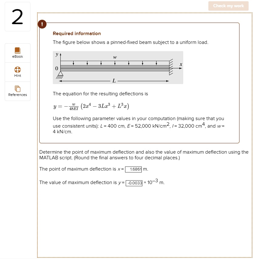 Required information The figure below shows a pinned-fixed beam subject to a uniform load. y 0 L ...