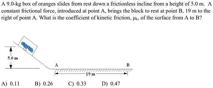 a 90 kg box of oranges slides from rest down frictionless incline from a height of 50 m constant ...