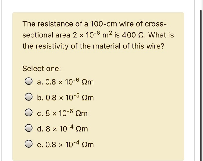 SOLVED: The resistance of a 100-cm wire of cross- sectional area 2 * 10 ...